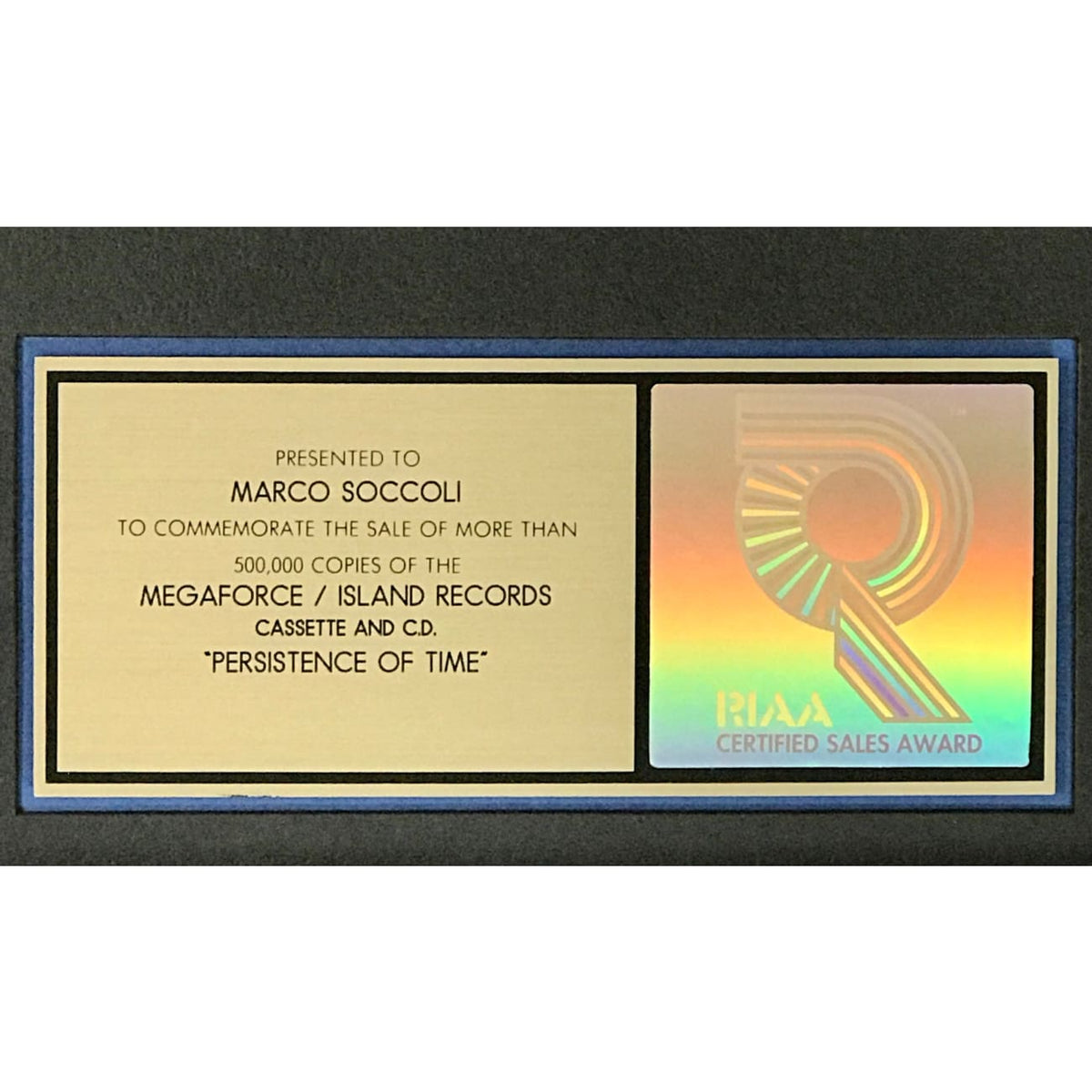 musicgoldmine.com - Anthrax Persistence Of Time RIAA Gold Album Award – MusicGoldmine.com