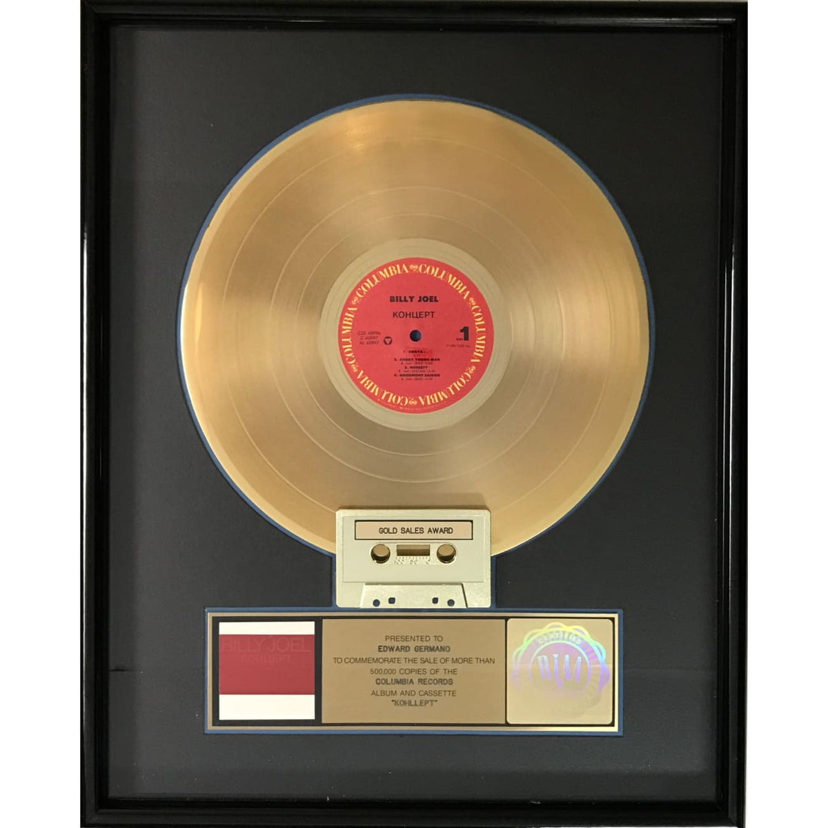 musicgoldmine.com - Billy Joel Kohuept RIAA Gold Album Award – MusicGoldmine.com