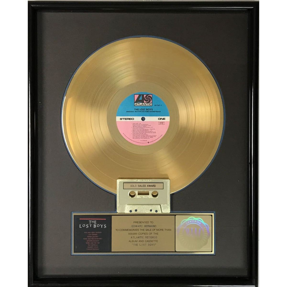 musicgoldmine.com - The Lost Boys Soundtrack RIAA Gold Album Award – MusicGoldmine.com