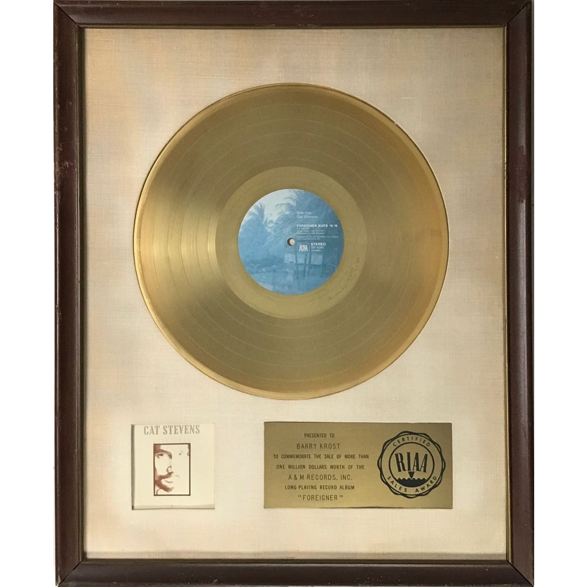 musicgoldmine.com - Cat Stevens Foreigner RIAA Gold LP Award - RARE ...