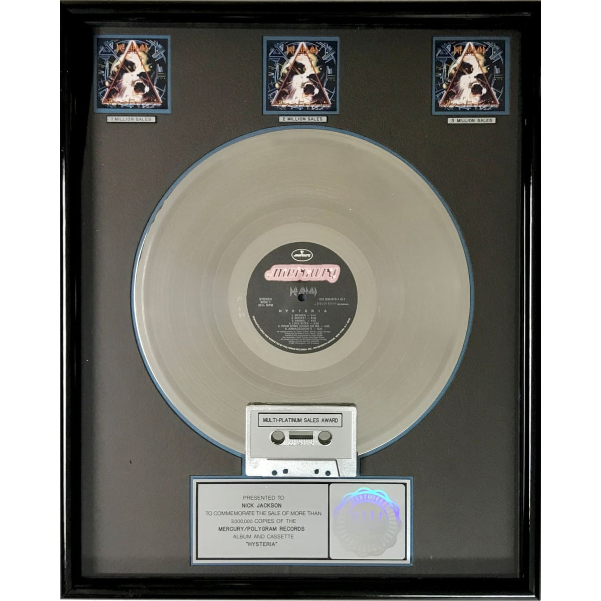 musicgoldmine.com - Def Leppard Hysteria RIAA 3x Multi-Platinum Album ...