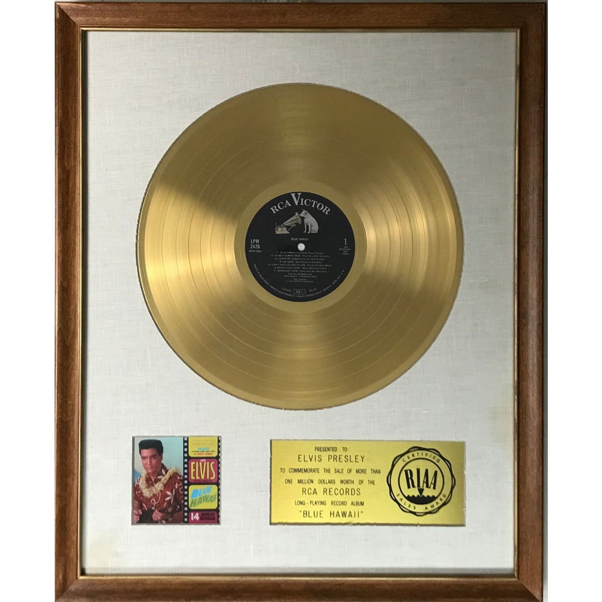 musicgoldmine.com - Elvis Presley Blue Hawaii RIAA Gold Album Award ...