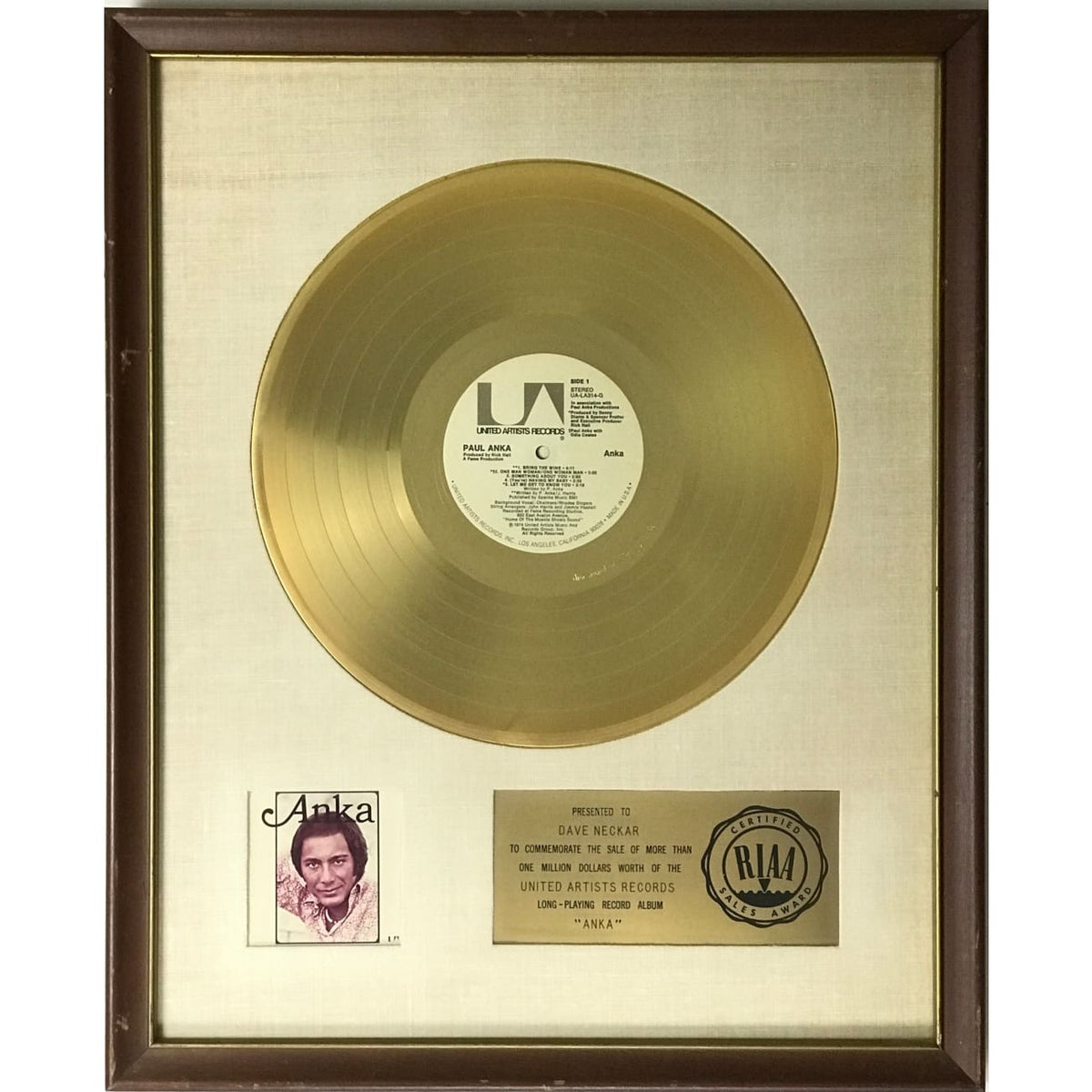 musicgoldmine.com - Paul Anka - Anka RIAA Gold LP Award - RARE – MusicGoldmine.com