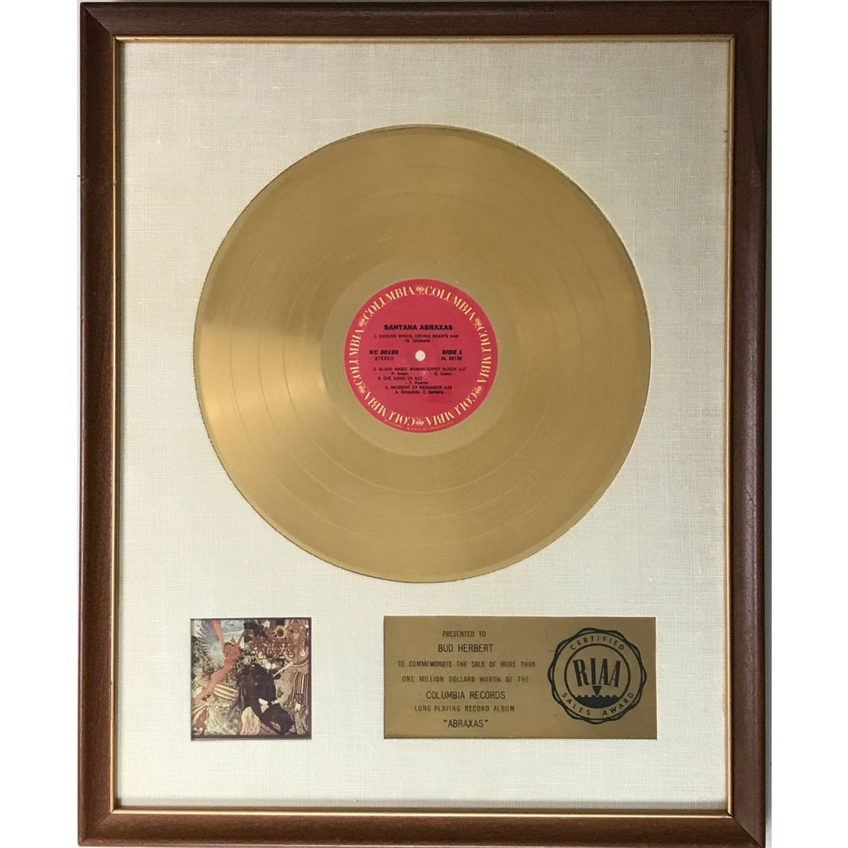 musicgoldmine.com - Santana Abraxas RIAA Gold Album Award - RARE ...
