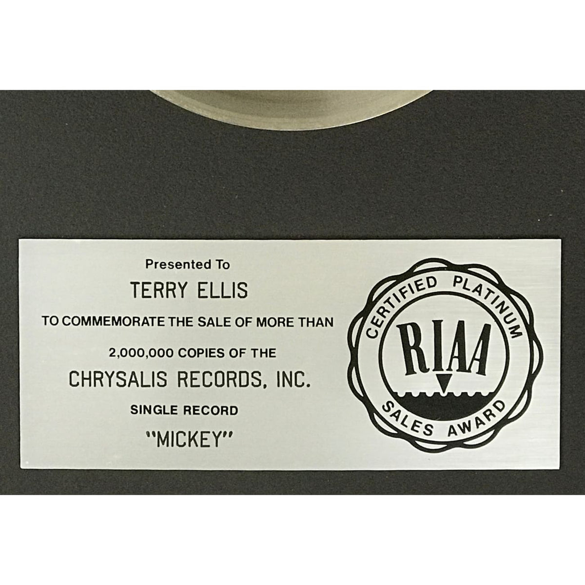 musicgoldmine.com - Toni Basil "Mickey" RIAA Platinum Single Award ...