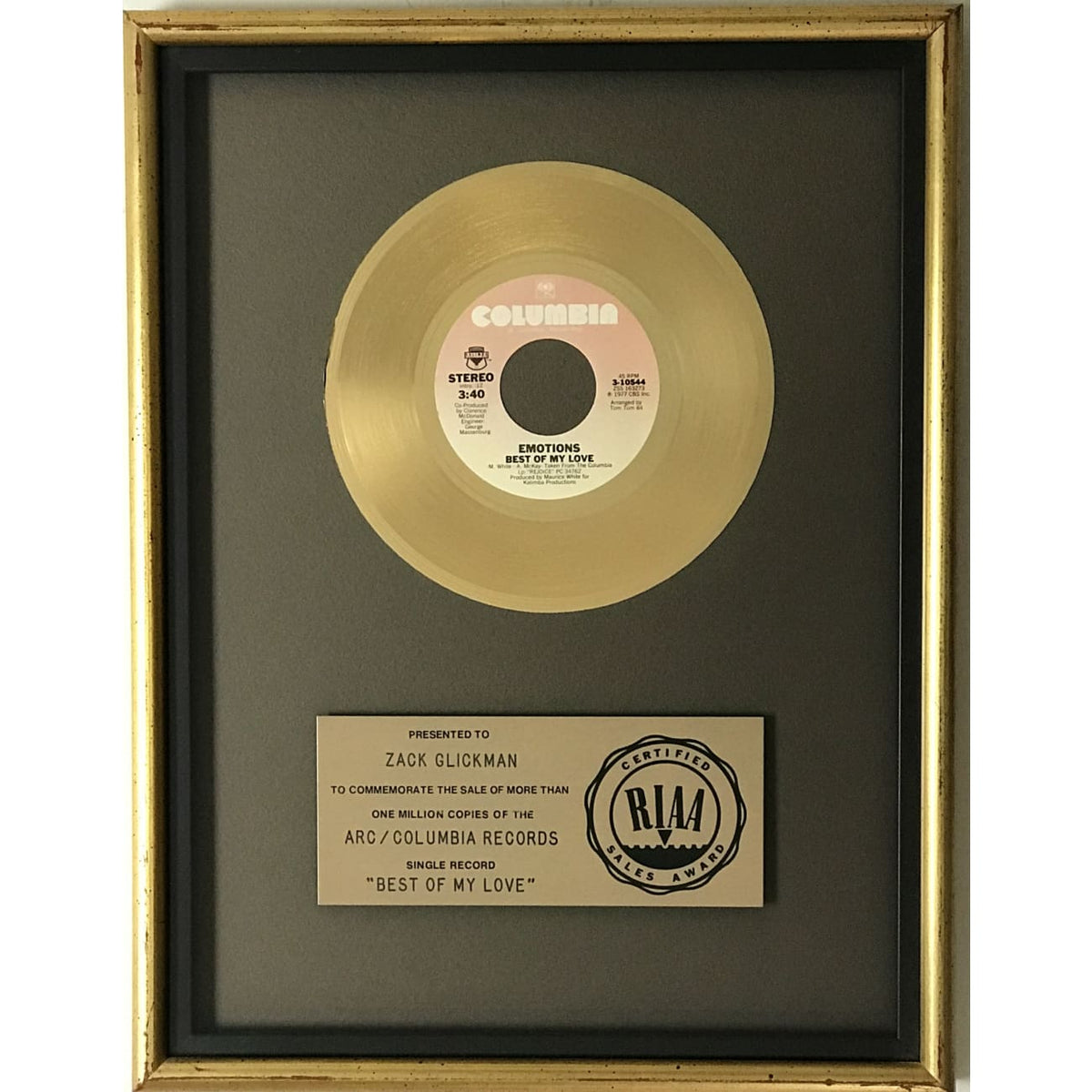 Emotions "Best Of My Love" RIAA Gold 45 Award – MusicGoldmine.com