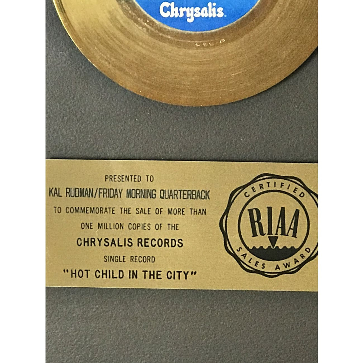 Nick Gilder "Hot Child In The City" RIAA Gold Single Award ...