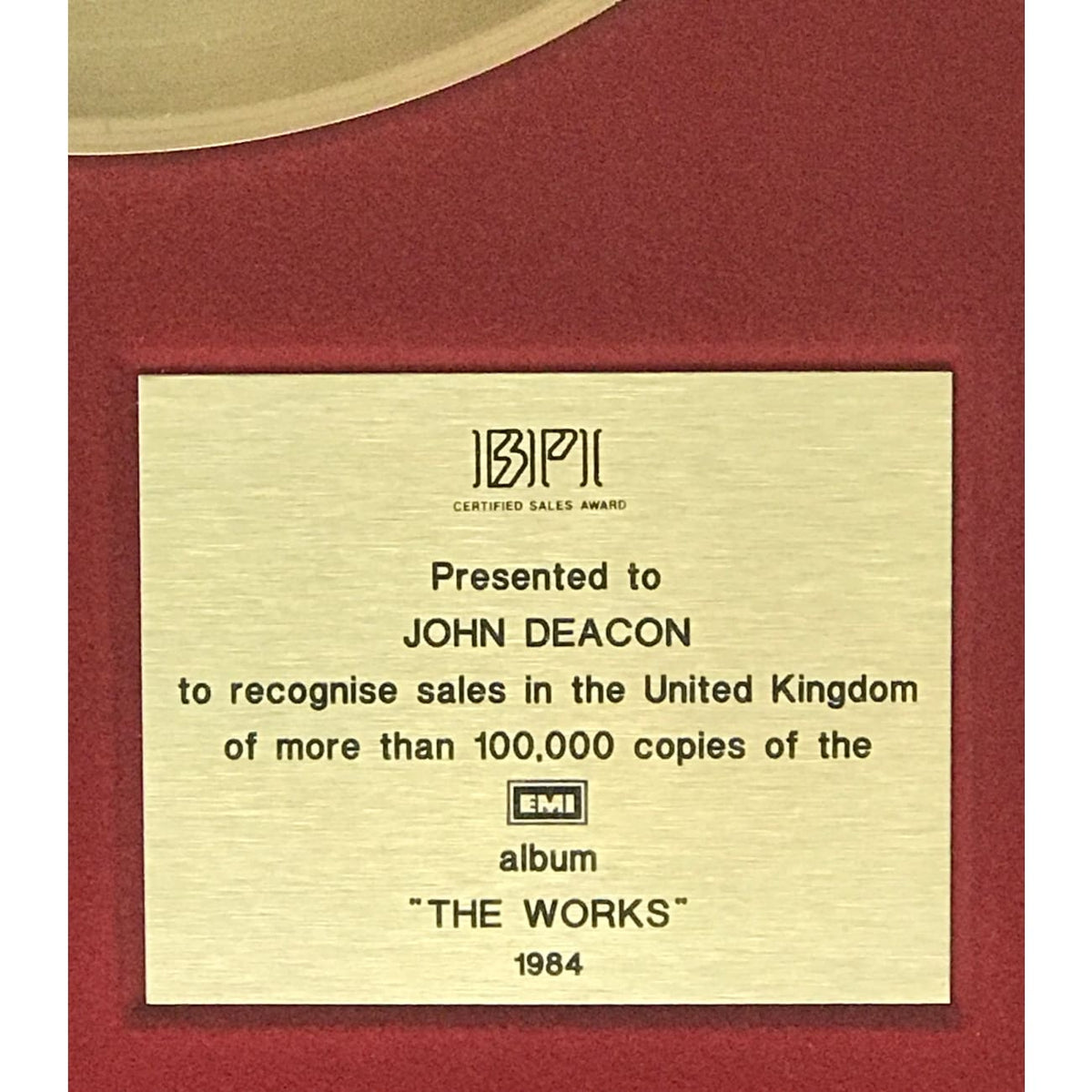 musicgoldmine.com - Queen The Works BPI Gold LP Award presented to John ...