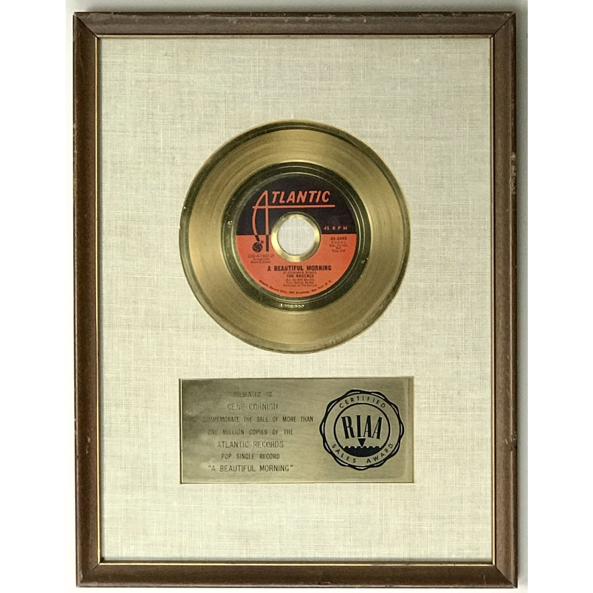 The Rascals "A Beautiful Morning" White Matte RIAA Gold 45 Award prese ...