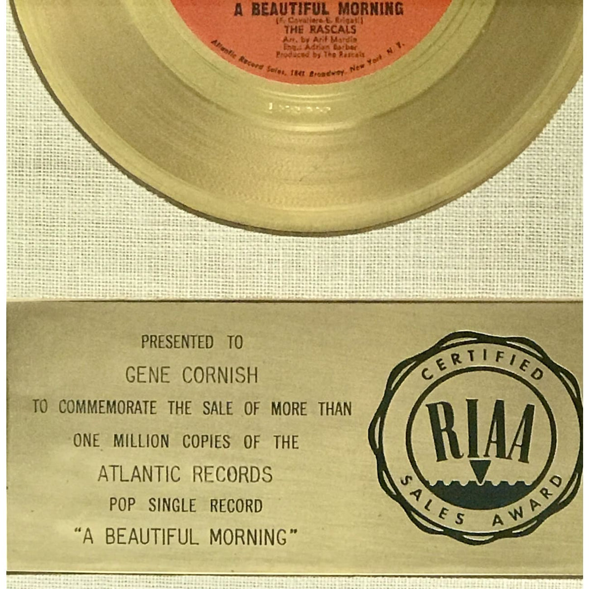 The Rascals "A Beautiful Morning" White Matte RIAA Gold 45 Award prese ...