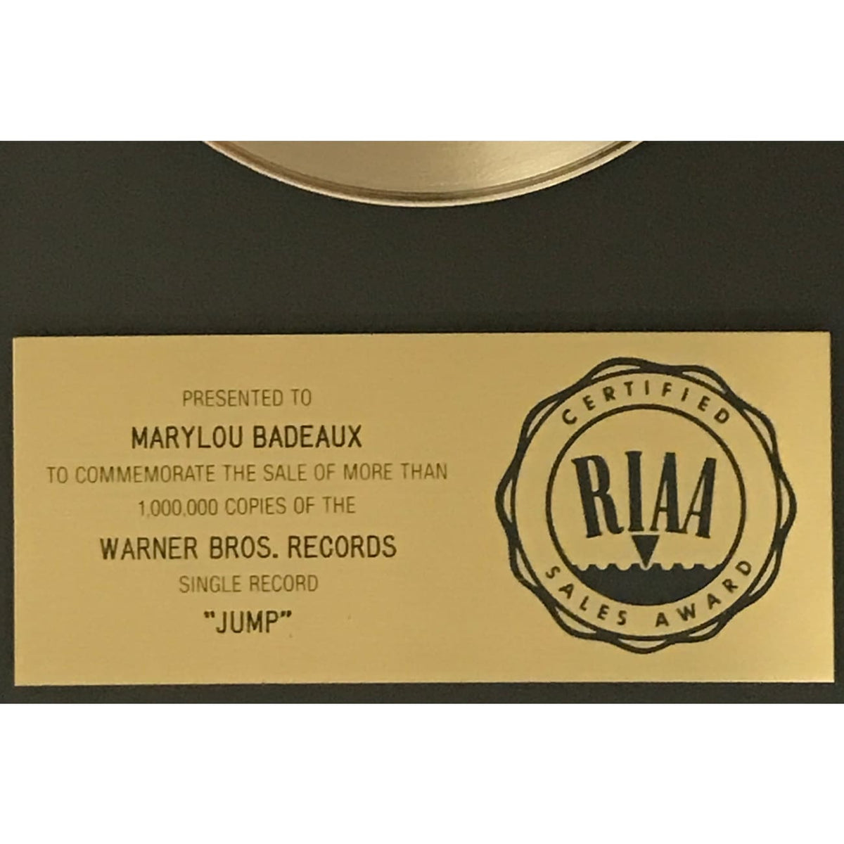 musicgoldmine.com - Van Halen Jump RIAA Gold Single Award ...